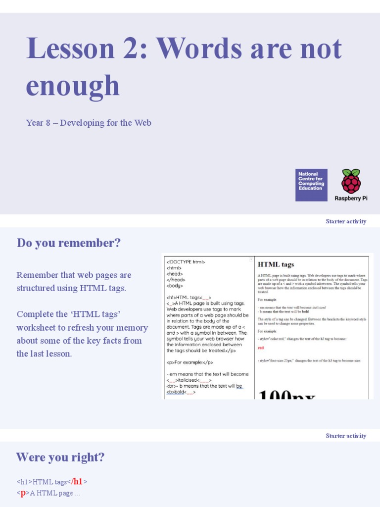 L2 Slides – Developing for the web – Y8 | PDF | Html Element | Html