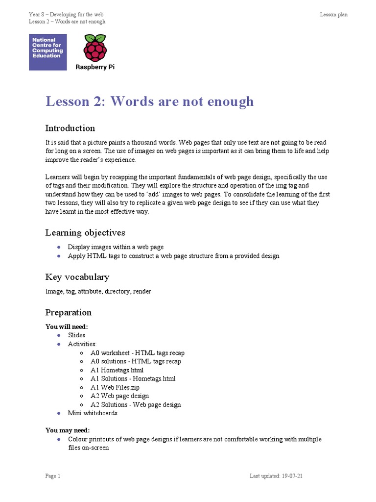 L2 Lesson Plan - Developing For The Web - Y8 | PDF | Html Element ...
