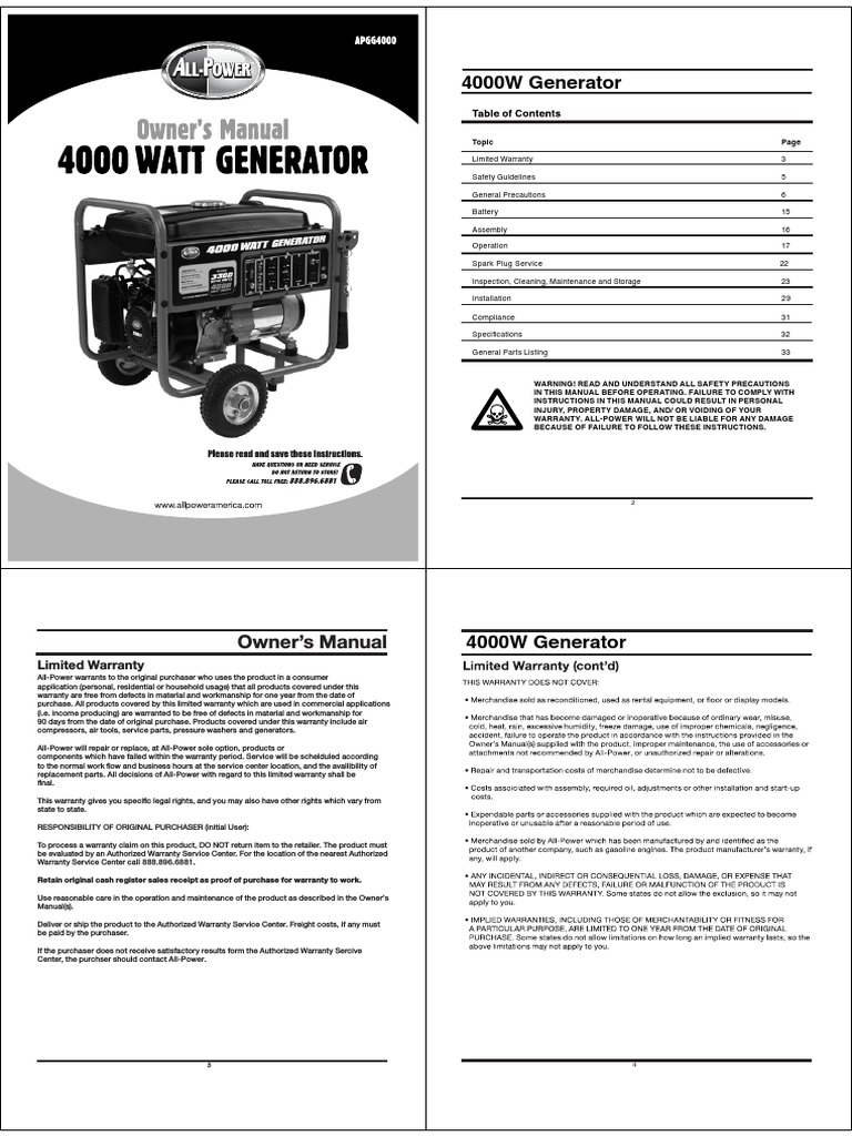 All-Power APGG4000 Manual | PDF | Motor Oil | Carburetor