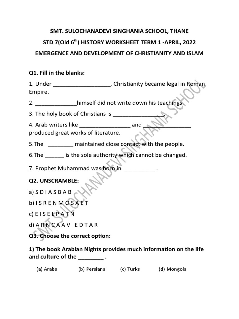 STD 7 Worksheet Christianity and Islam | PDF | Religion & Spirituality