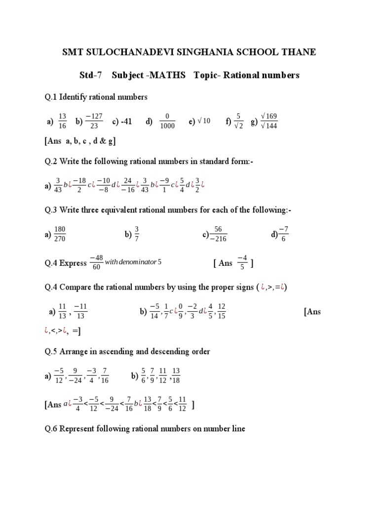 Rational Numbers Worksheet for Grade 7 | PDF | Mathematical Concepts ...