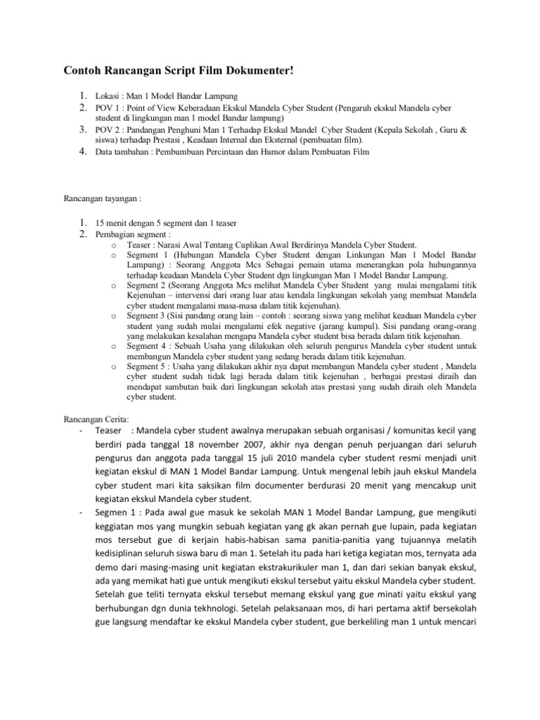 Contoh Rancangan Script Film Dokumenter | PDF
