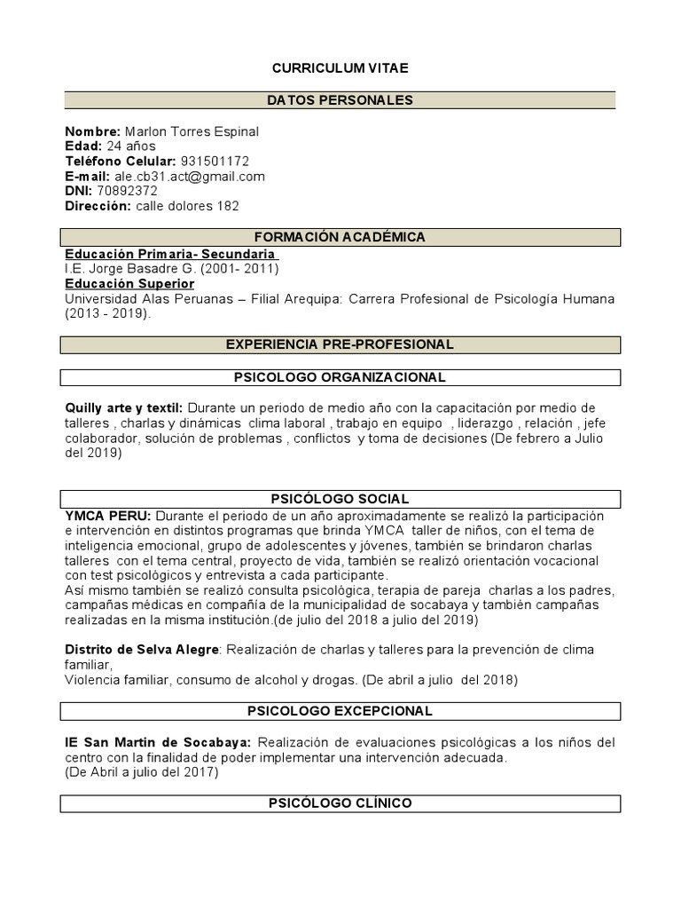 Currículum Vitae Marlon1.233 | PDF | Sicología | Violencia doméstica