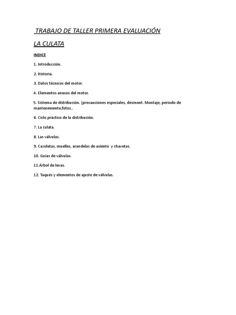 Trabajo de Motor Culata (En LIMPIO) | PDF | Partes de vehículo | Propulsión