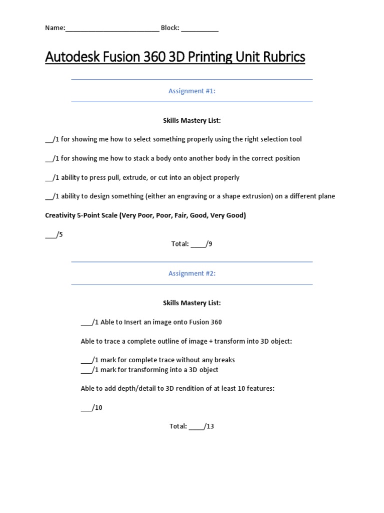 Autodesk Fusion 360 3d Printing Unit Rubrics | PDF | Computers