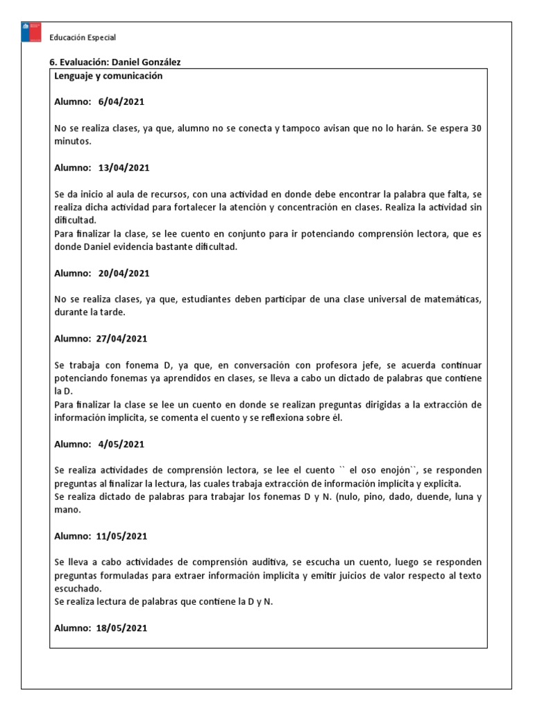 Evaluación de Daniel en Educación Especial | PDF | Comprensión lectora ...