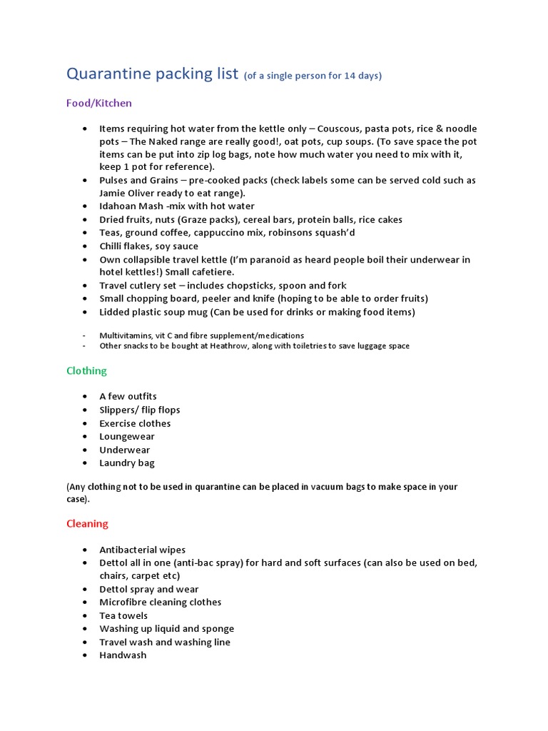Packing For Quarantine List | PDF