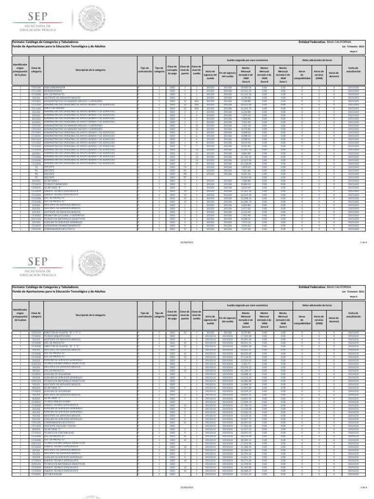 II D) 7 2 Catalogo de Categorias y Tabuladores Conalep | PDF