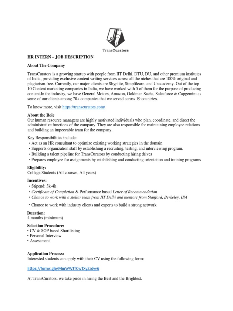 Transcurators HR Intern - JD | PDF