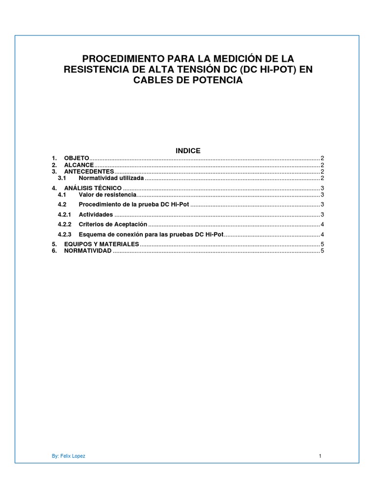 Procedimiento Medicion Hi Pot Cables | PDF | voltaje | Resistencia ...