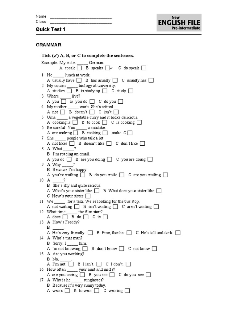 Grammar, Vocabulary and Pronunciation Quick Test: Answers and ...