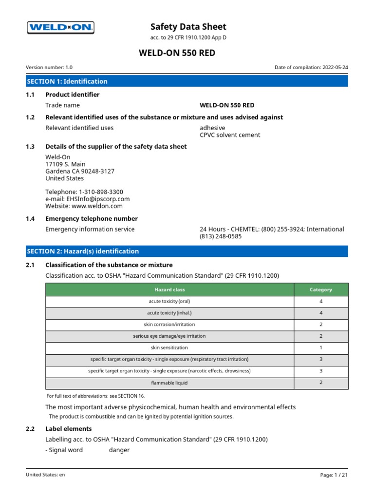 Sds Weld-On 550 Red Us en 1 0 | PDF | Toxicity | Combustion