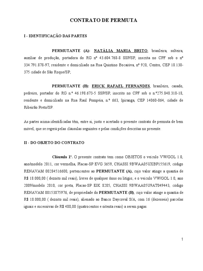 Contrato de Permuta - Veículos Ney e Marcelo | PDF | Direito Comum ...