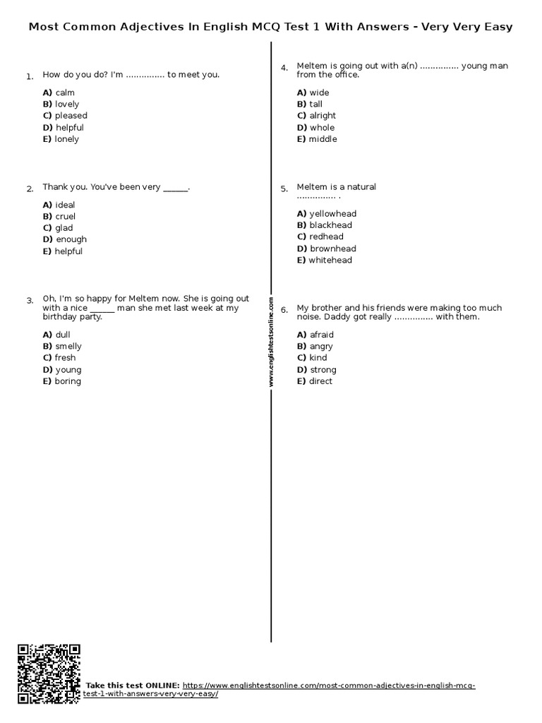 670 - Most Common Adjectives in English MCQ Test 1 With Answers Very ...