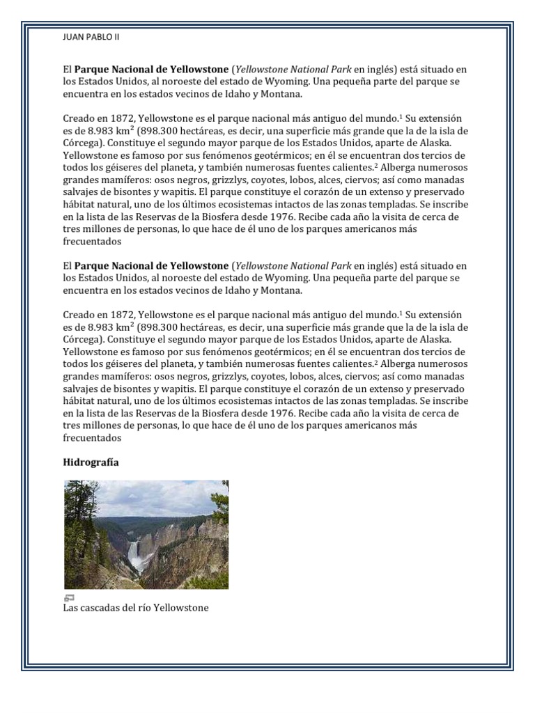 El Parque Nacional de Yellow Stone | PDF | Parque Nacional Yellowstone ...