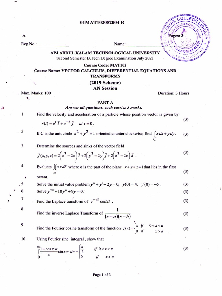 Mat102 Vector Calculus, Differential Equations and Transformsan | PDF | Mathematical Objects ...