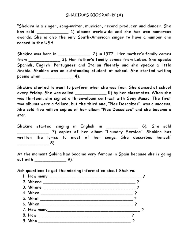 Questions About Shakira Fun Activities Games Reading Comprehension ...