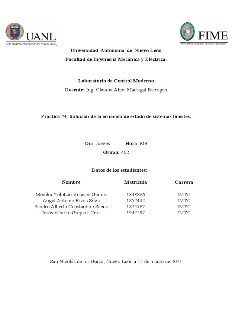 Practica 4 Control Moderno | PDF | Matriz (Matemáticas) | Ecuaciones