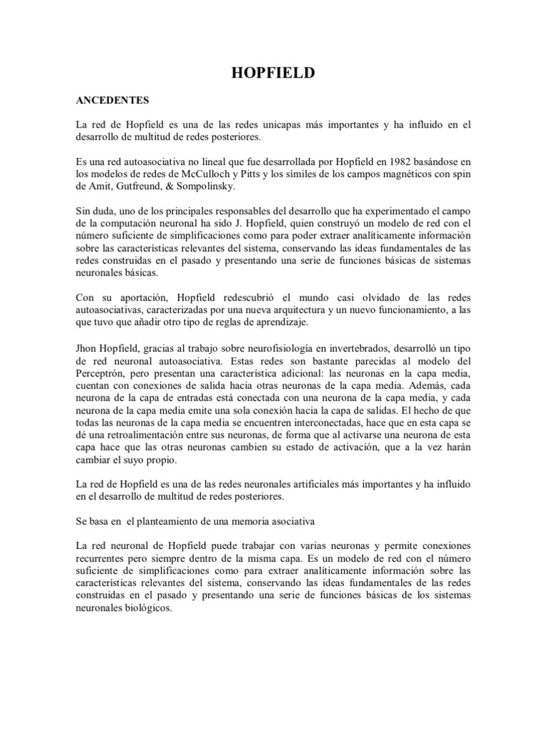 Modelo computacional de la red neuronal de Hopfield: arquitectura ...