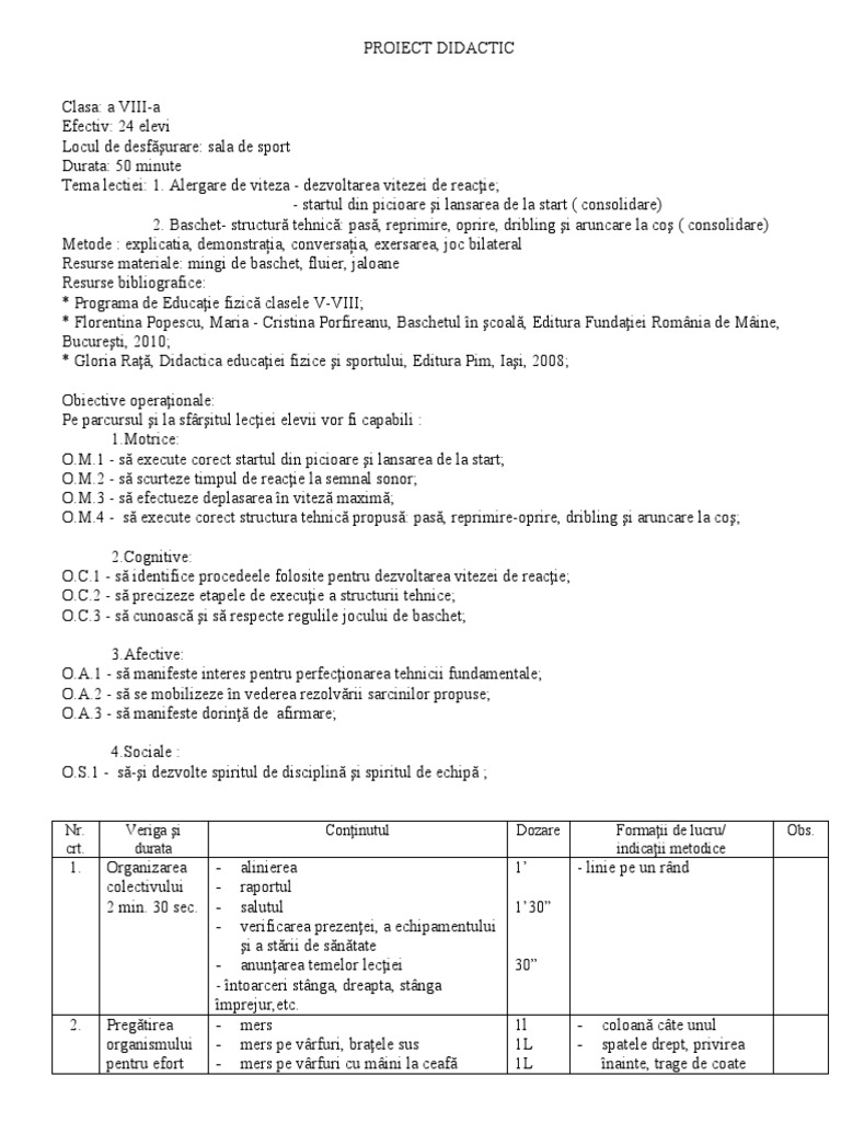 Alergare de Viteza Proiect Didactic | PDF