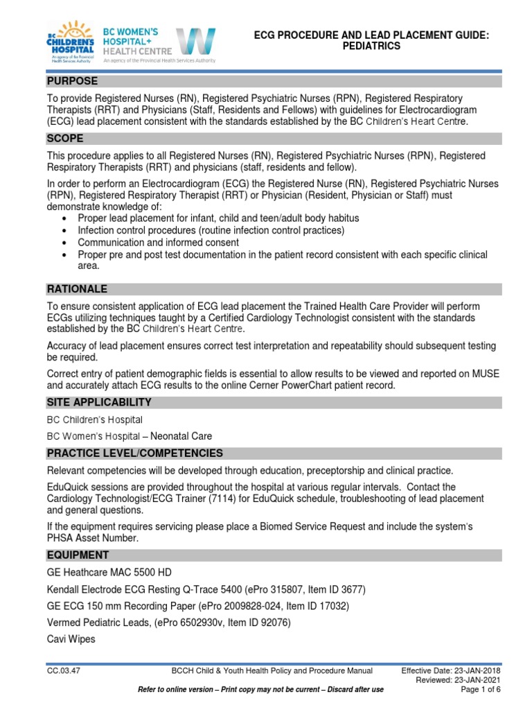 ECG Procedure and Lead Placement Guide Pediatrics | PDF | Electrocardiography | Medicine