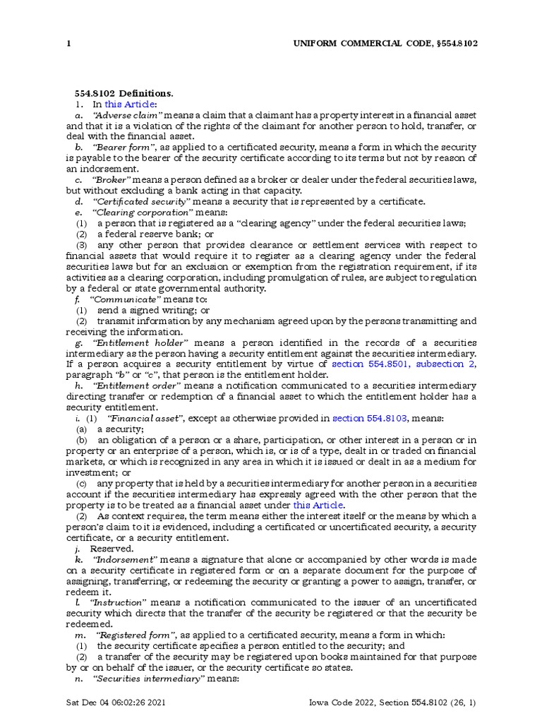 UCC §554.8102 Financial Asset Definitions | PDF | Securities (Finance ...