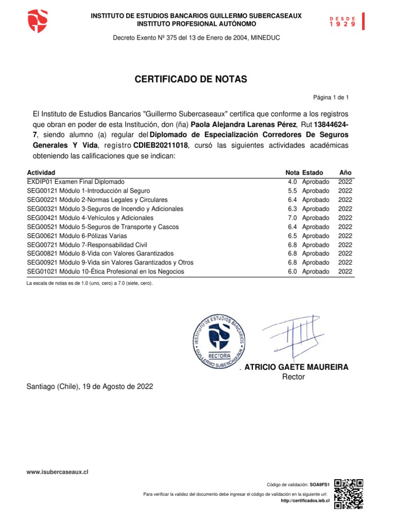 Certificado de Notas - Diplomado 2022 | PDF