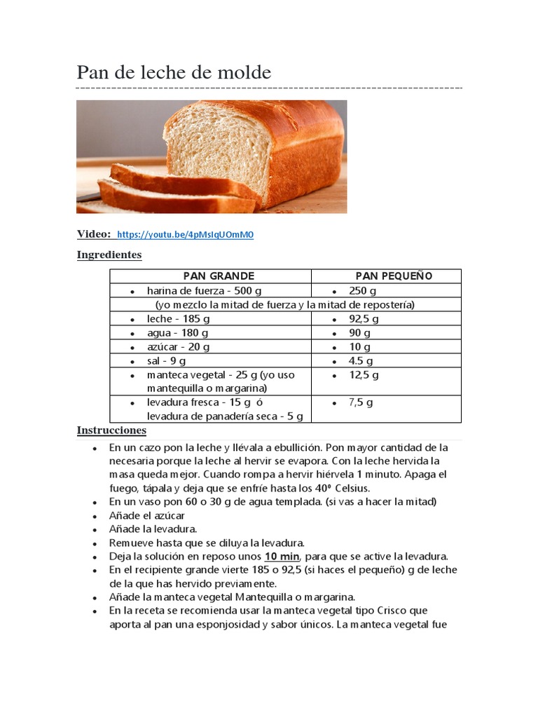 Receta de Pan de Leche de Molde | PDF | Panes | Mantequilla