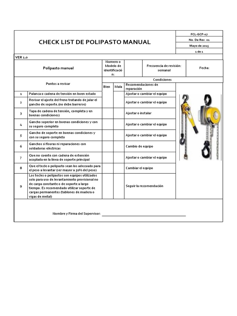 Check List Tecle Polipasto Manual | PDF | Bienes manufacturados | Vehículos
