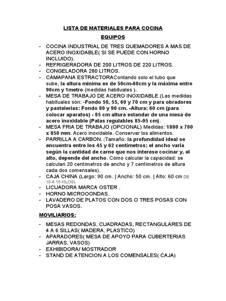 Lista de Materiales para Cocina | PDF | Cocina | Cocinando