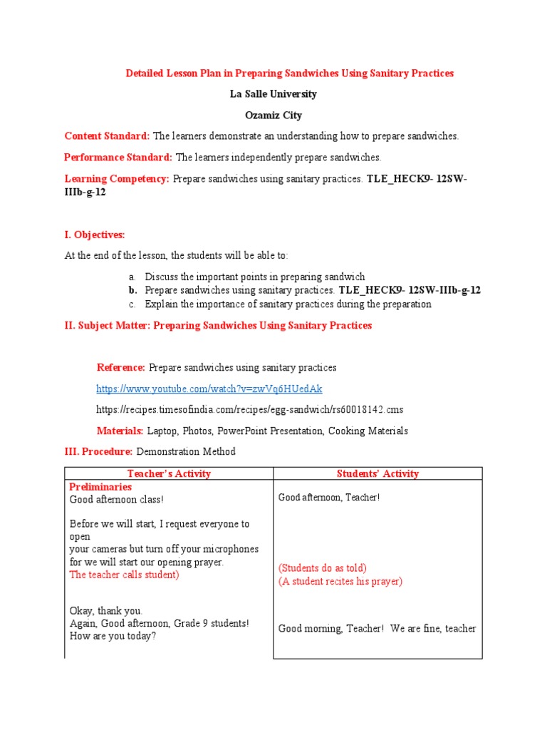 Detailed Lesson Plan in Preparing Sandwiches Using Sanitary Practices | PDF