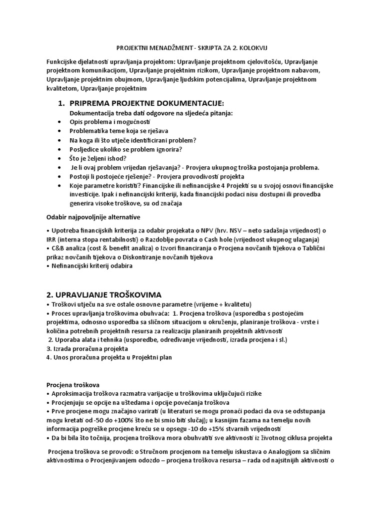 Projektni Menadžment Skirpta Za 2. Kolokvij | PDF