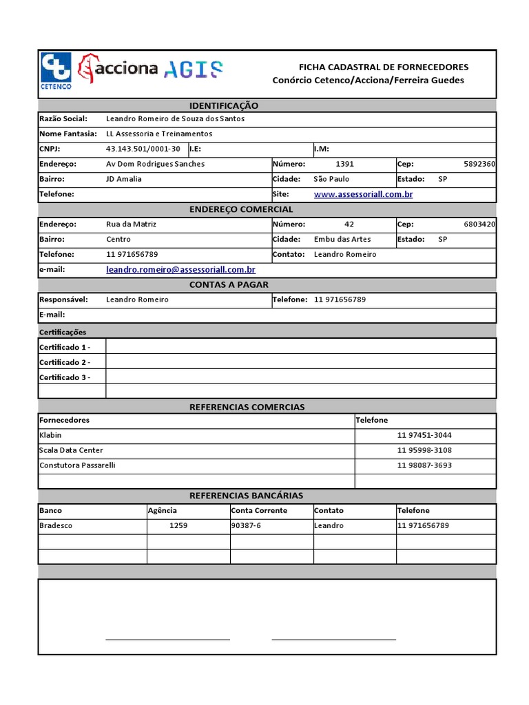 Ficha de Cadastro Fornecedor - Modelo | PDF | Carreira e Crescimento | Negócios
