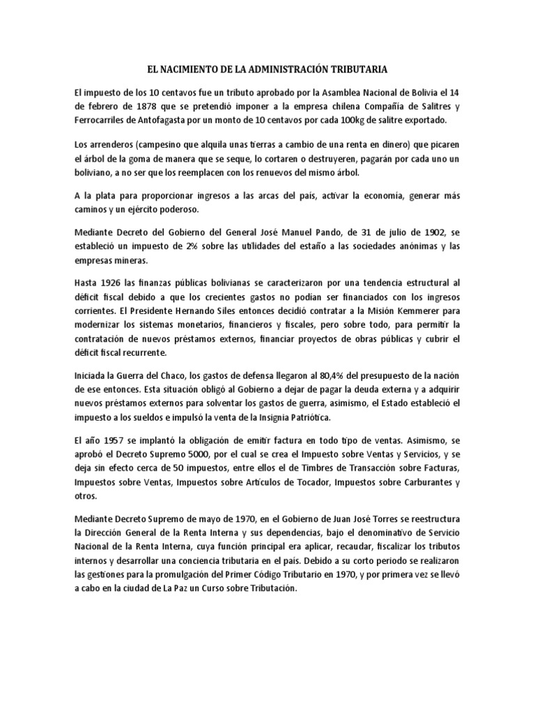 El Nacimiento de La Administración Tributaria | PDF | Impuestos | Bolivia