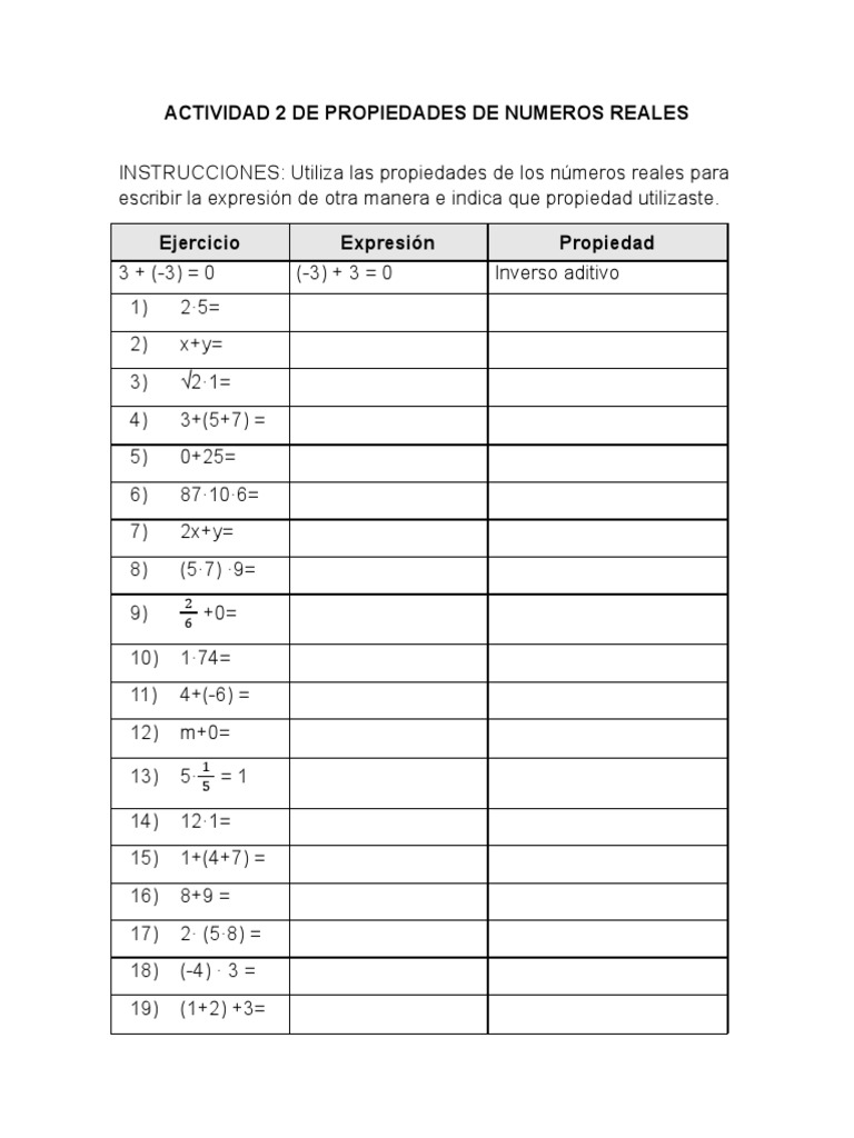 Actividad 2 de Propiedades de Numeros Reales | PDF