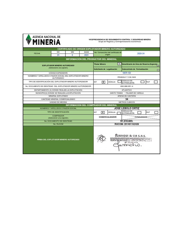 Certificado RUCOM para Explotadores Mineros | PDF