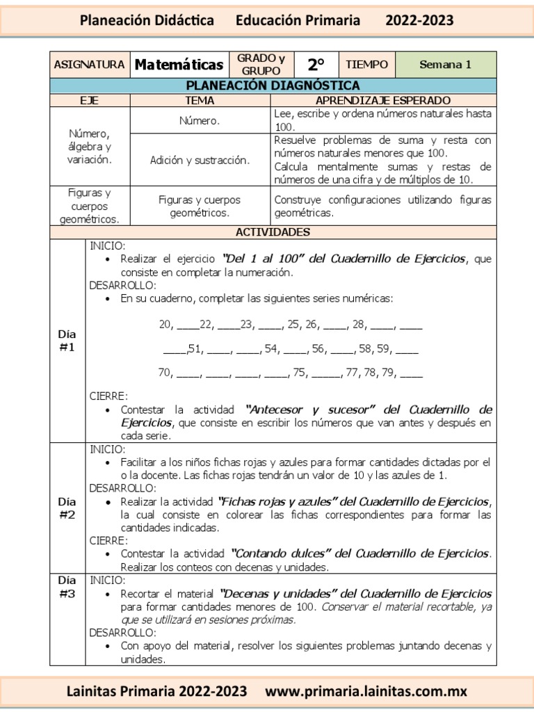 Planeación Matemáticas 2° Primaria 2022-2023 | PDF | Sustracción ...