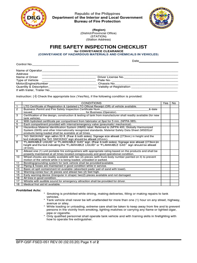 Fire Safety Inspection Checklist for Conveyance of Hazardous Materials ...