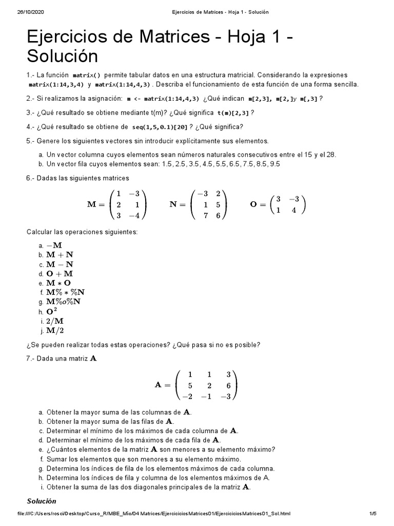 Soluciones a Ejercicios de Matrices | PDF | Matriz (Matemáticas ...