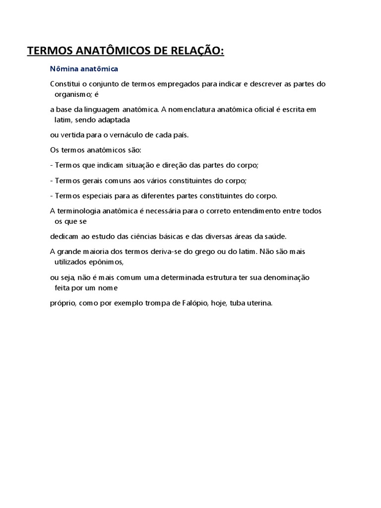 Termos Anatômicos de Relação | PDF | Anatomia | Corpo humano