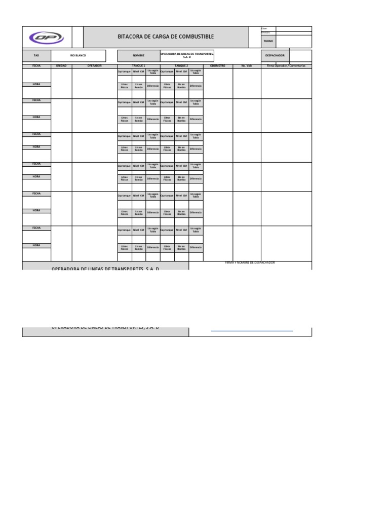 Formato Bitacora de Carga de Combustible Op | PDF | Vehículos | Transporte