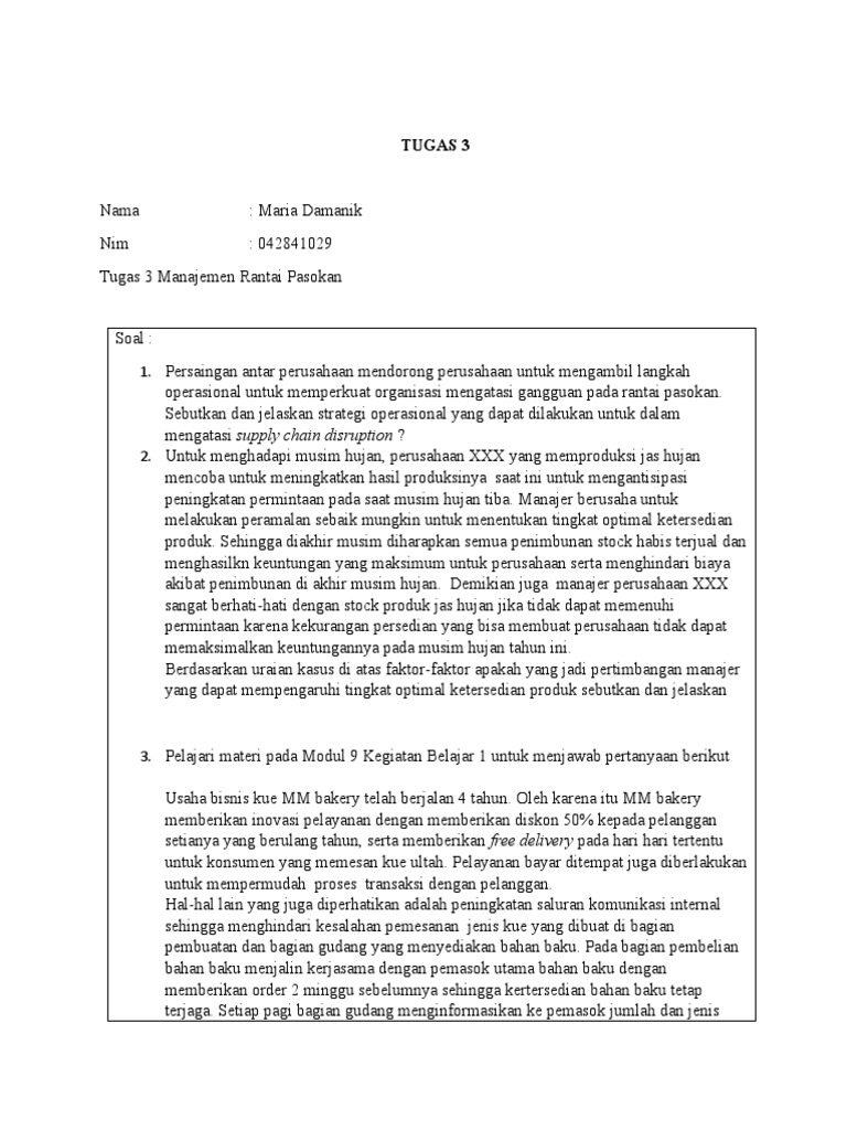 Tugas 3 Manajemen Rantai Pasokan - Maria Damanik - 042841029 | PDF | Bisnis | Pengelolaan ...