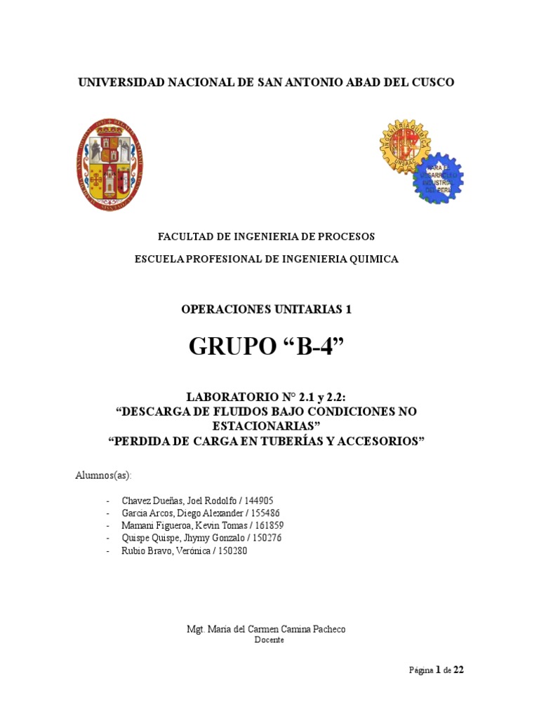 Lab 2.1 y 2.2 Operaciones Unitaras 1 Grupo B-4 | PDF | Bomba | Mecanica clasica