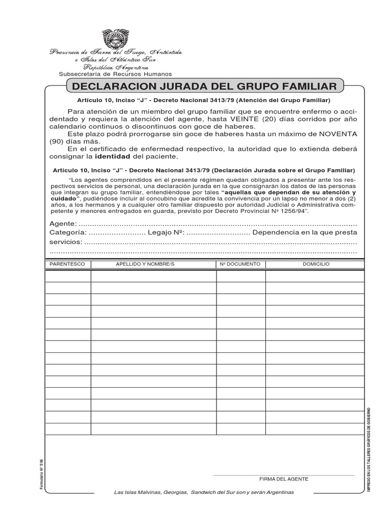 Formulario 05-98 - Declaracion Jurada Del Grupo Familiar | PDF