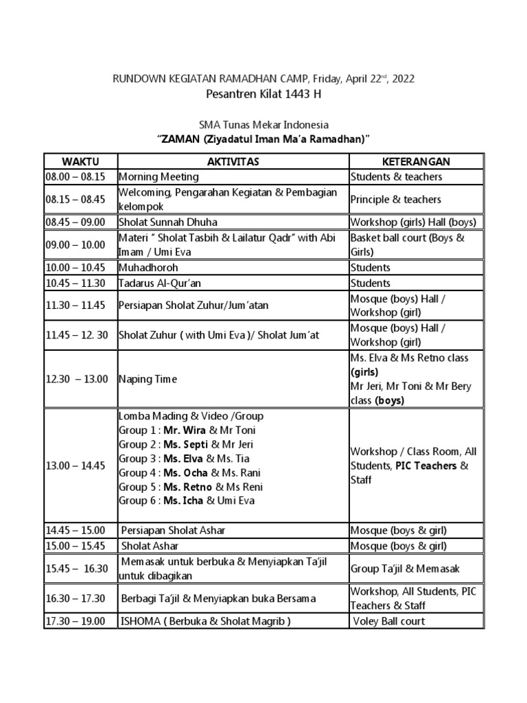 Rundown Kegiatan Ramadhan Camp 2022 | PDF | Theocracy | Islamic Ethics