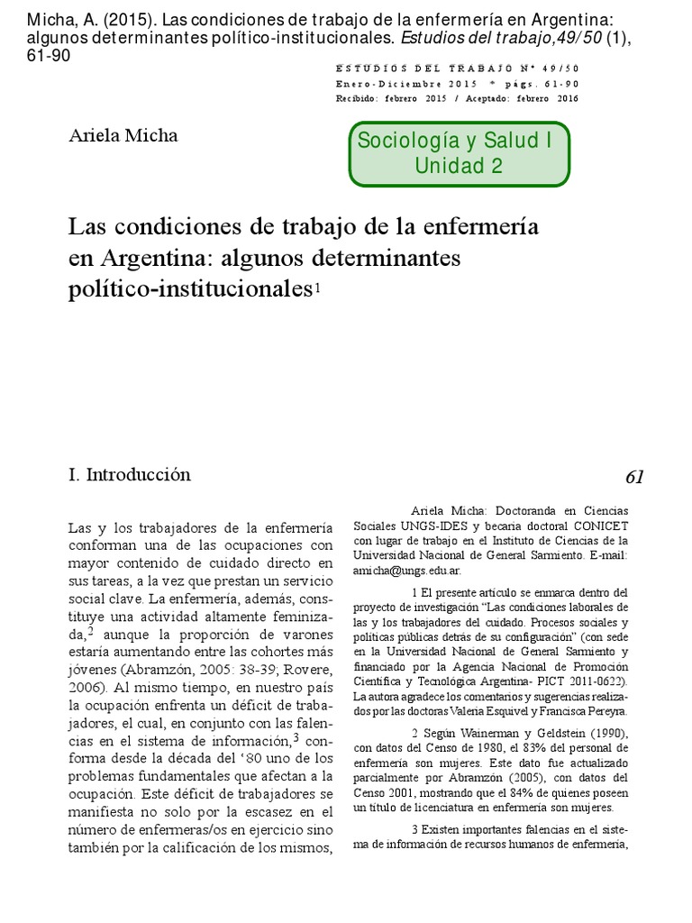Unidad 2. MICHA. Las Condiciones de Trabajo de La Enfermería en ...