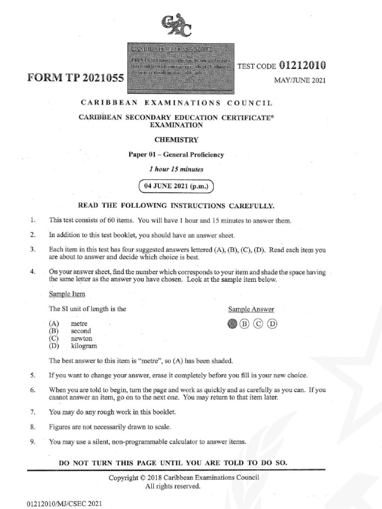 CSEC Chemistry June 2021 P1 | PDF