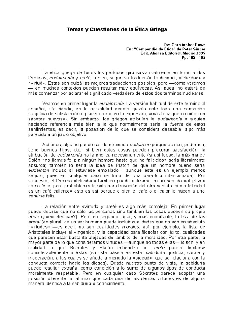 Temas y Cuestiones de La Ética Griega - Christopher Rowe | PDF | Platón ...