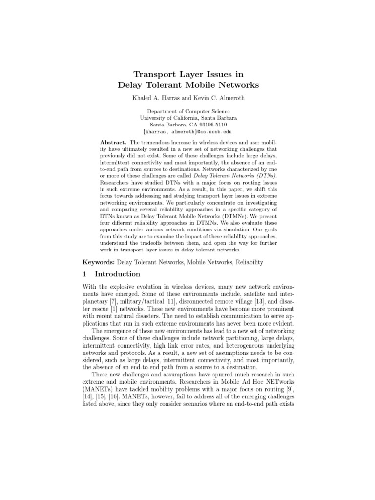 Transport Layer Issues in Delay Tolerant Mobile Networks | PDF ...