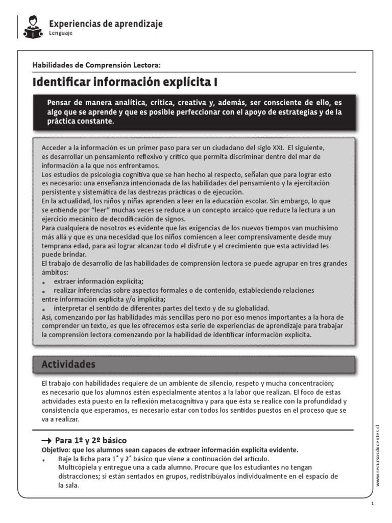 Identificar Info Explicita 1 | PDF | Comprensión lectora | Pensamiento